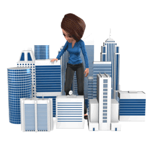 business woman look buildings rest