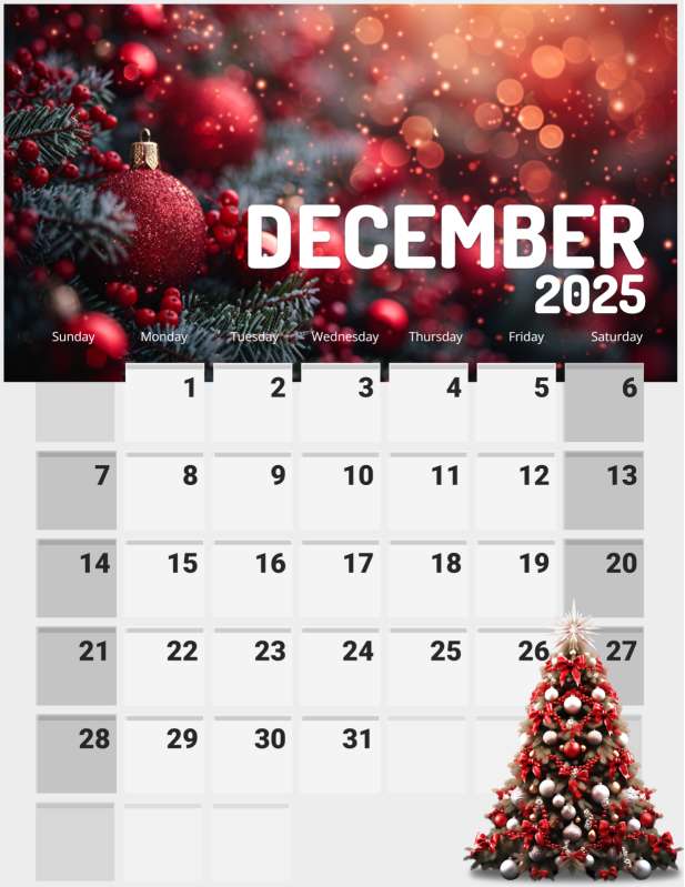 2017 Printable Calendar December Christmas
