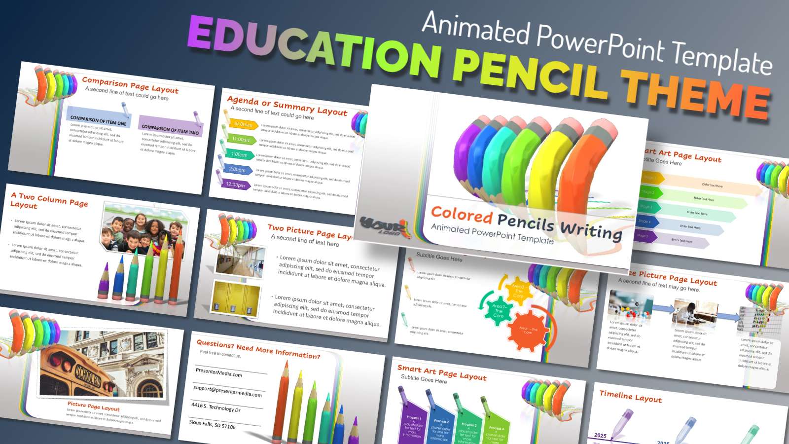 Colorful Education PowerPoint Template with Pencils Theme