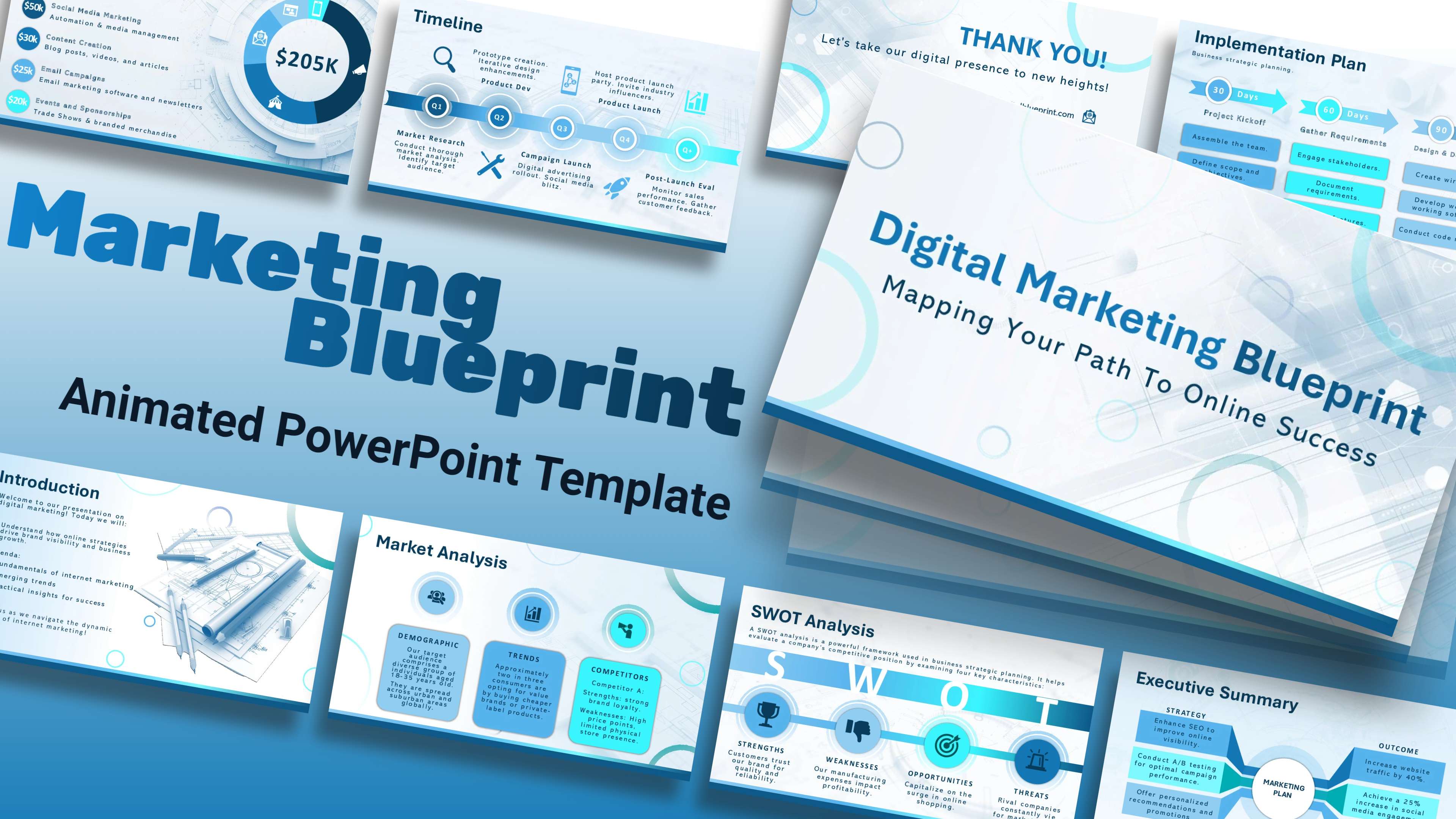 Marketing Plan PowerPoint Template with Blueprint Theme