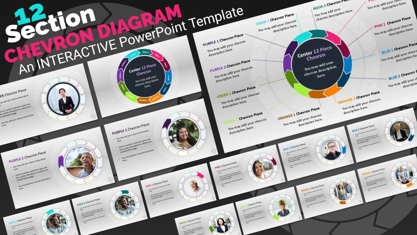 Twelve Section Chevron Diagram - PowerPoint Template